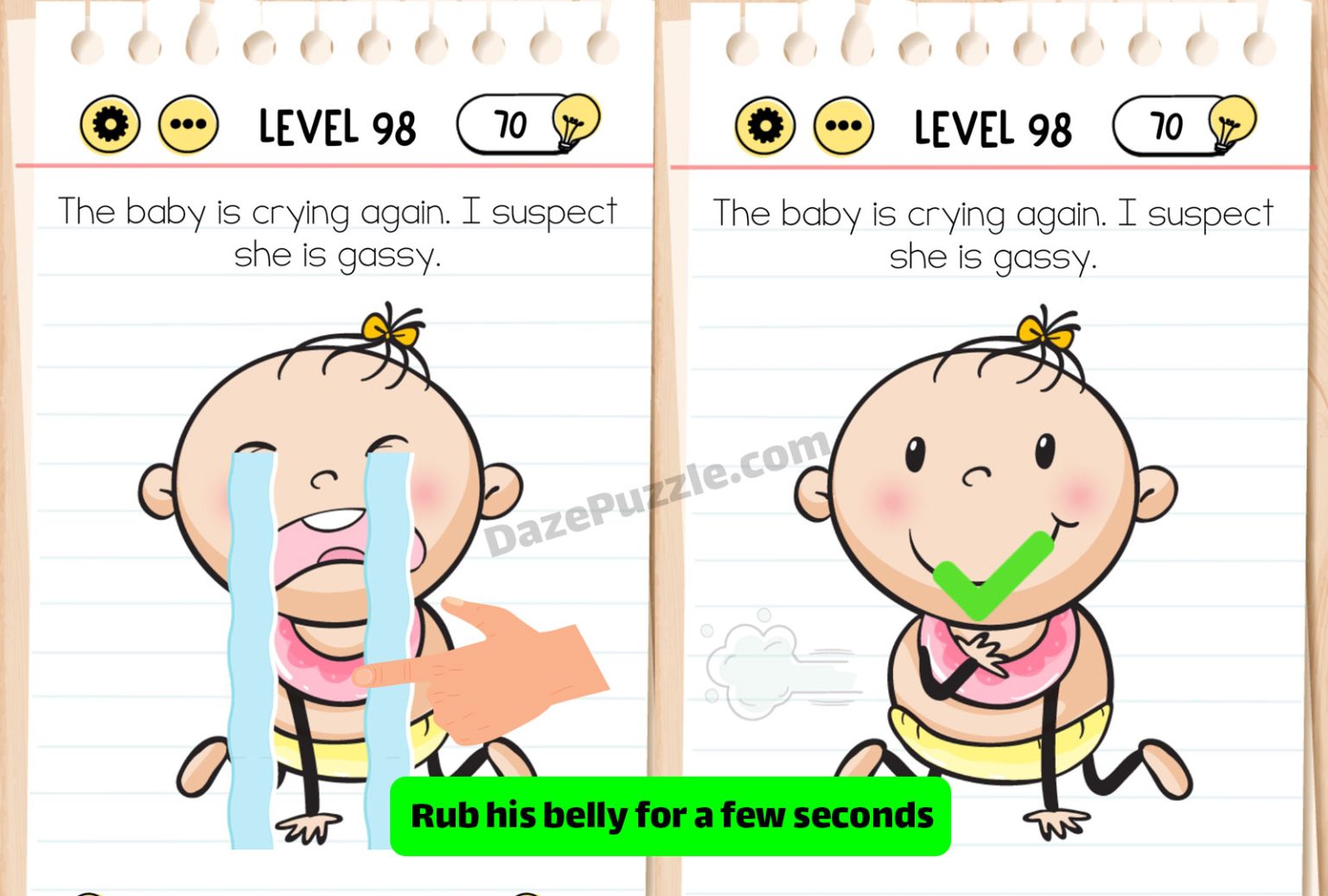 Brain Test Level 98 (NEW) The baby is crying again. I suspect she is gassy