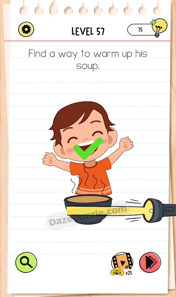 Brain Test All-Star Level 57 Find a way to warm up his soup Answer
